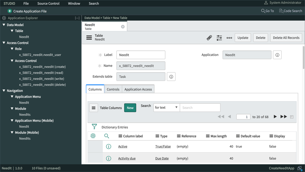 Exercise: Create the NeedIt Table | ServiceNow Developers