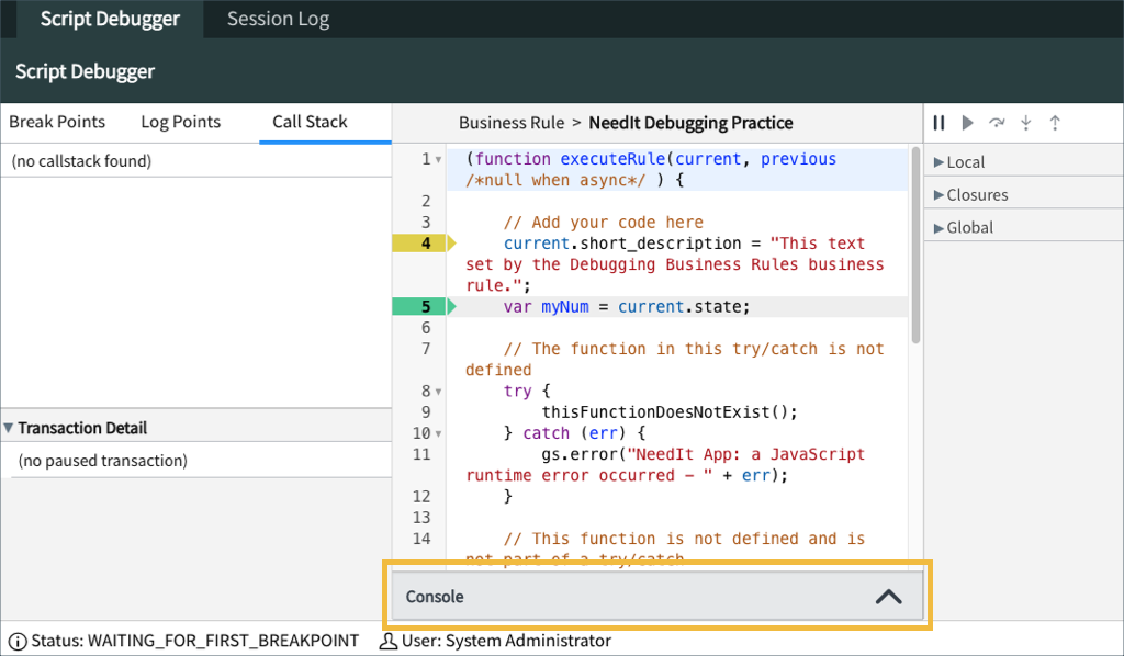 Console Debugger | ServiceNow Developers